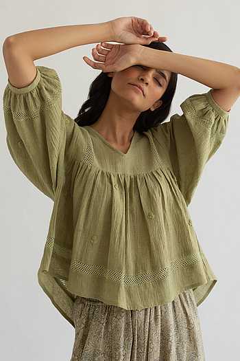 Buy Green 100% Cotton V Neck Embroidered Crop Top For Women by Cord ...