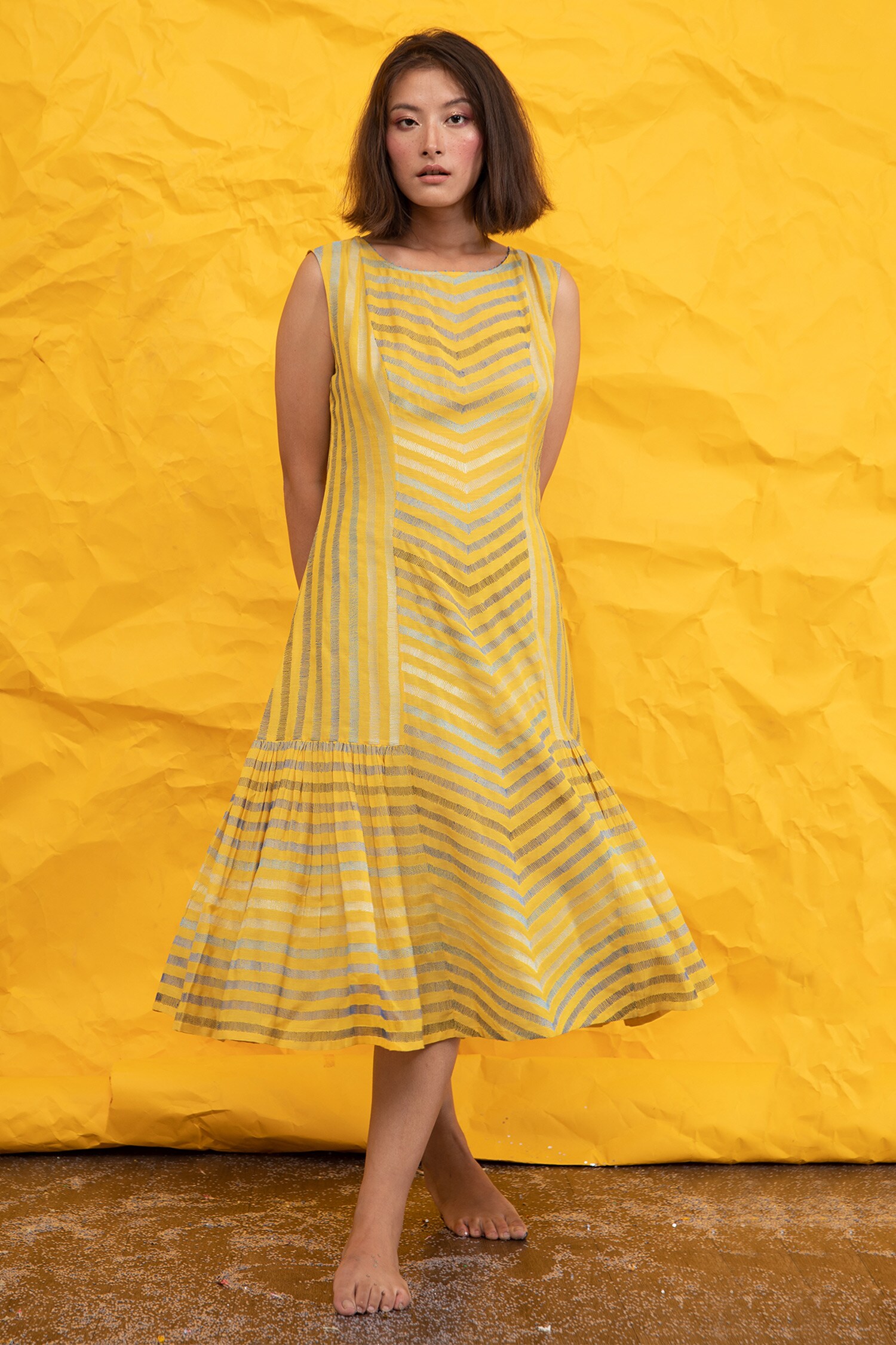 Buy Suman Nathwani Yellow Cotton Muslin Silk Blend Embroidered Midi ...