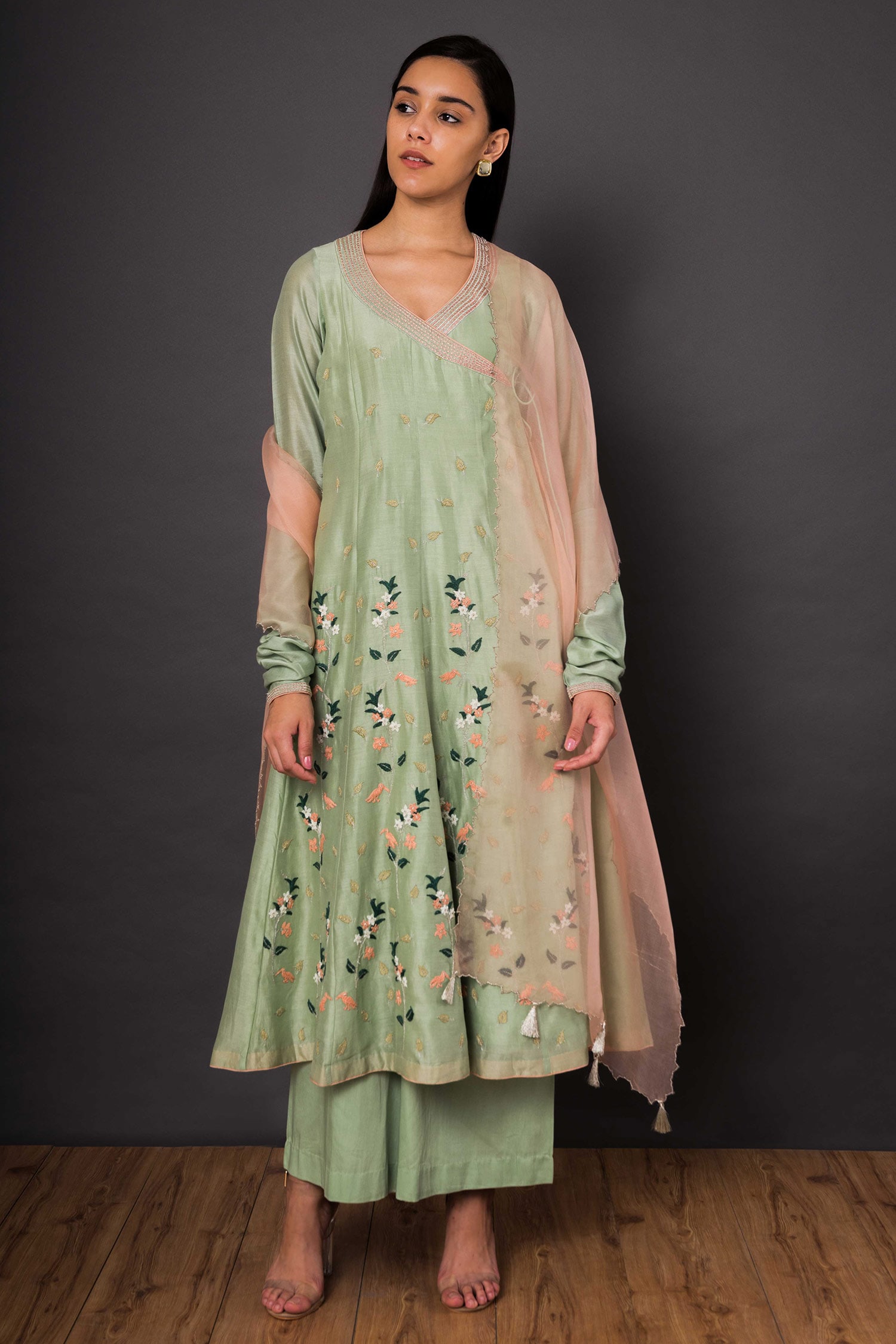 Buy Green Chanderi V Neck Angrakha Set For Women by Shikha Mehta Online ...