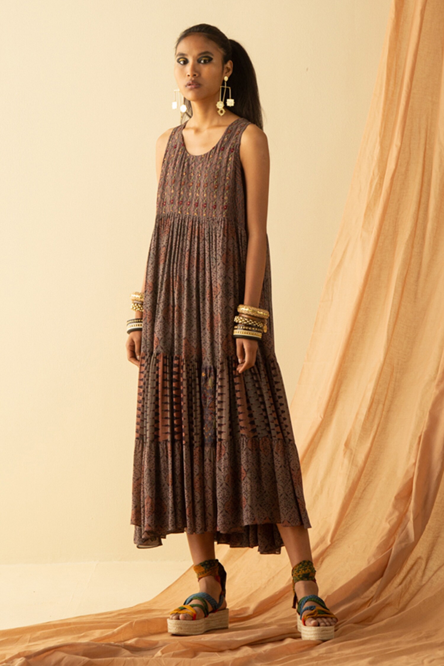 Buy Sunira Designs Grey Silk Georgette Printed Tiered Dress Online ...