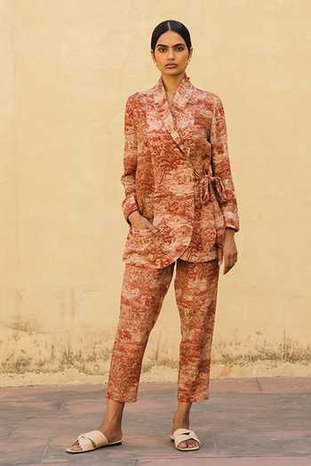 Buy Brown Cotton Lapel Collar Toile Print Jacket And Pant Set For Women ...
