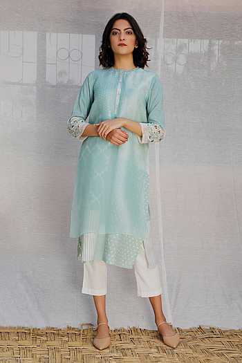 Buy Blue Linen Round Double Layered Silk Organza Tunic For Women by ...
