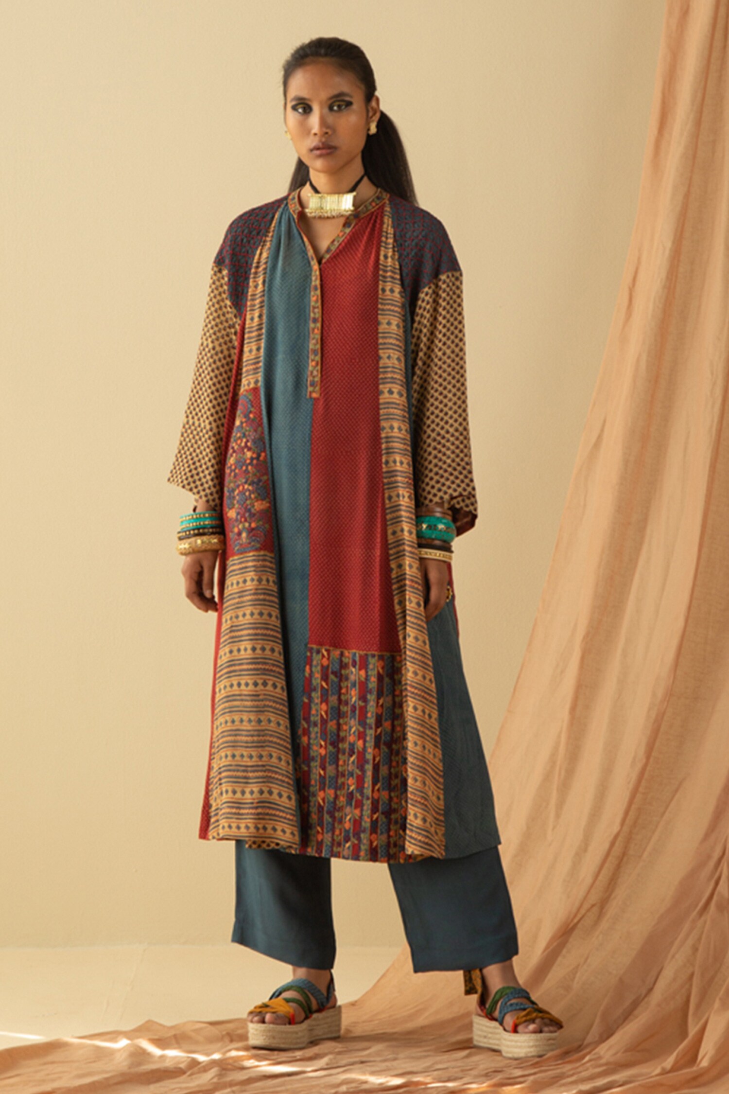 Buy Sunira Designs Multi Color Silk Georgette Ajrakh Print A-line Tunic ...