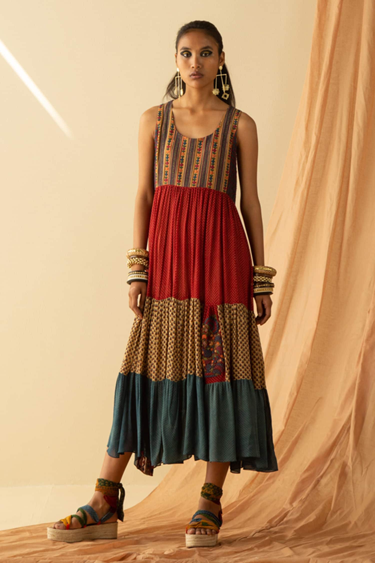 Buy Sunira Designs Multi Color Silk Georgette Printed Tiered Dress ...