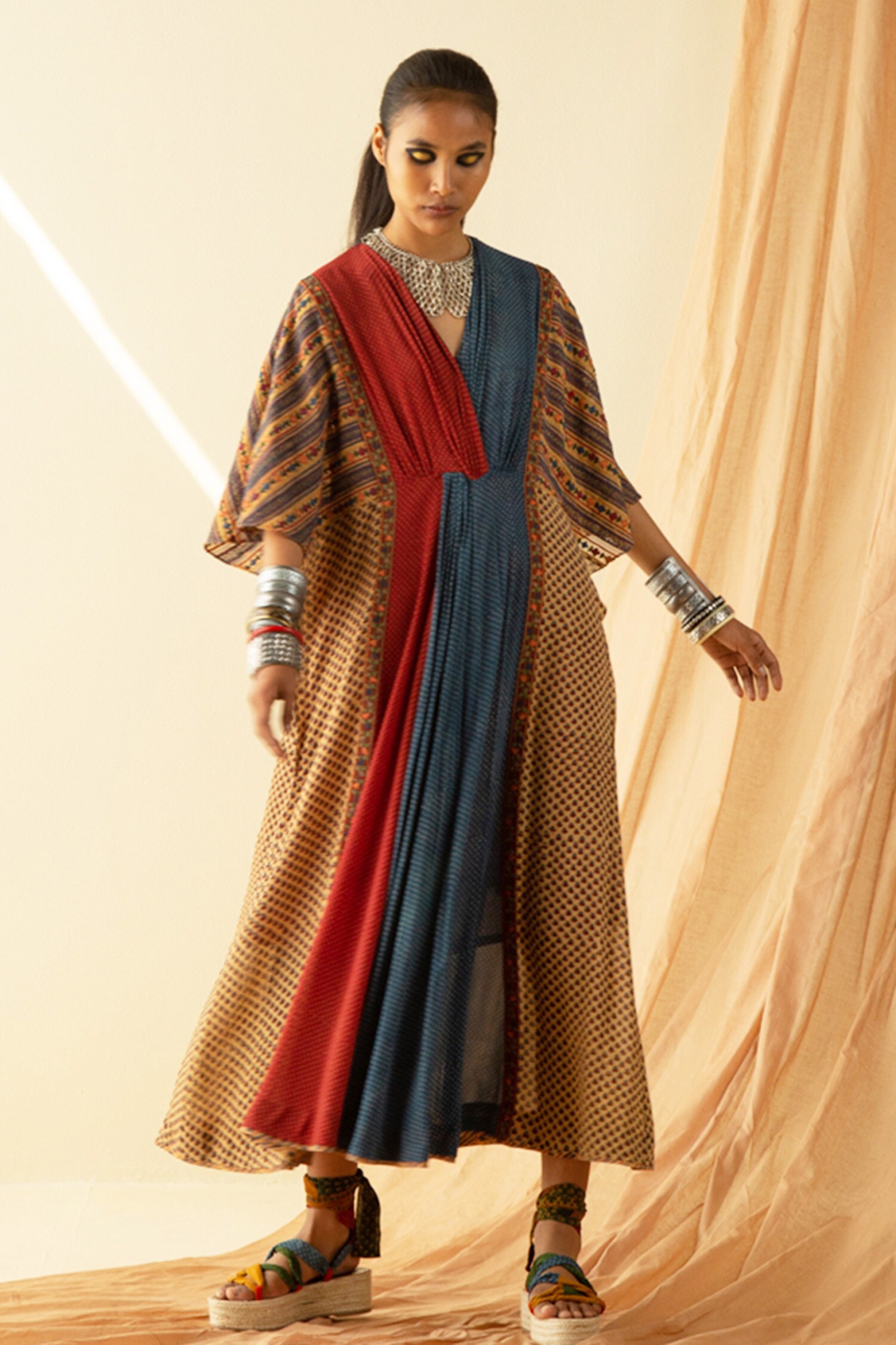 Buy Sunira Designs Multi Color Silk Georgette Ajrakh Print Kaftan ...