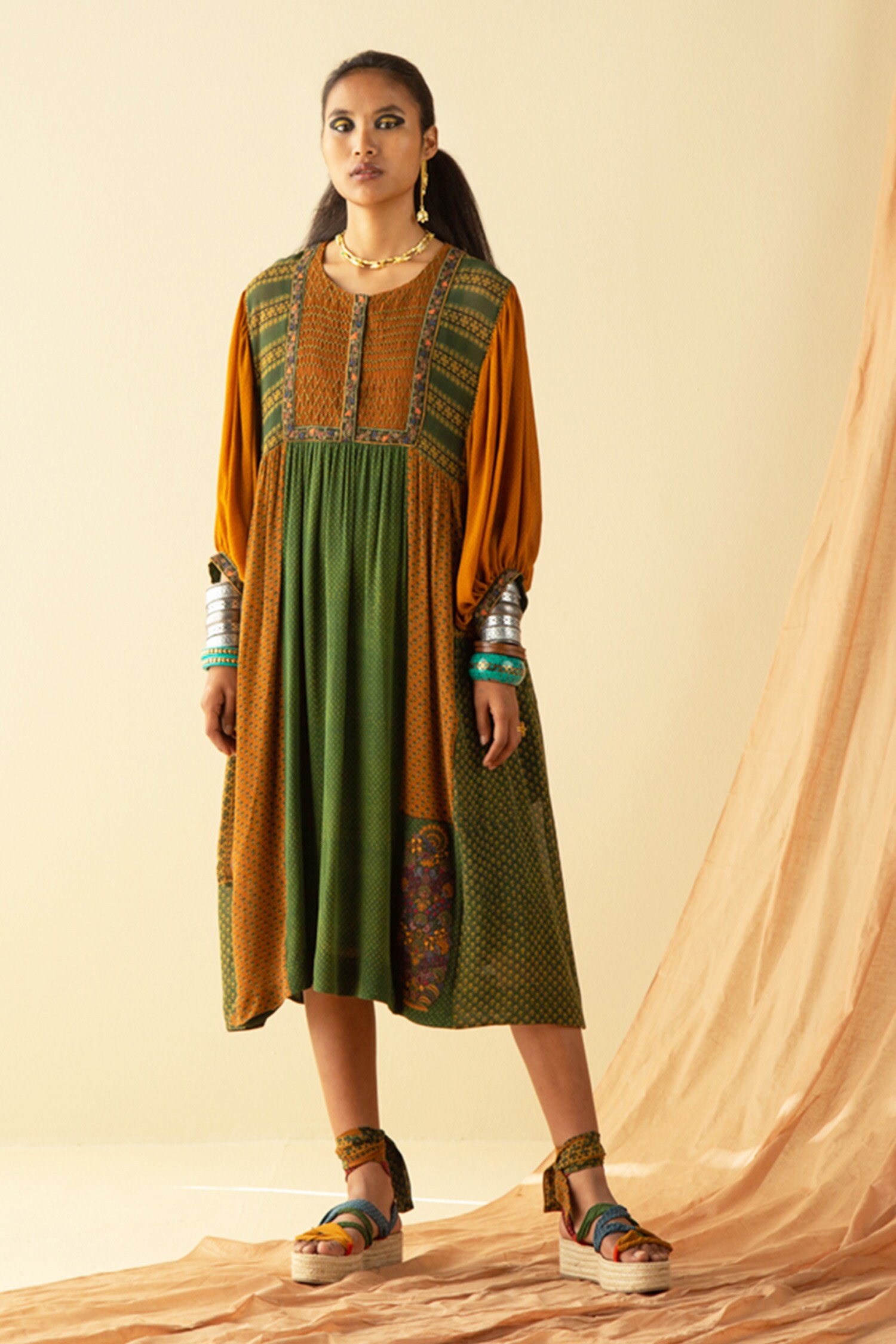 Buy Sunira Designs Yellow Silk Georgette Ajrakh Print Dress Online ...