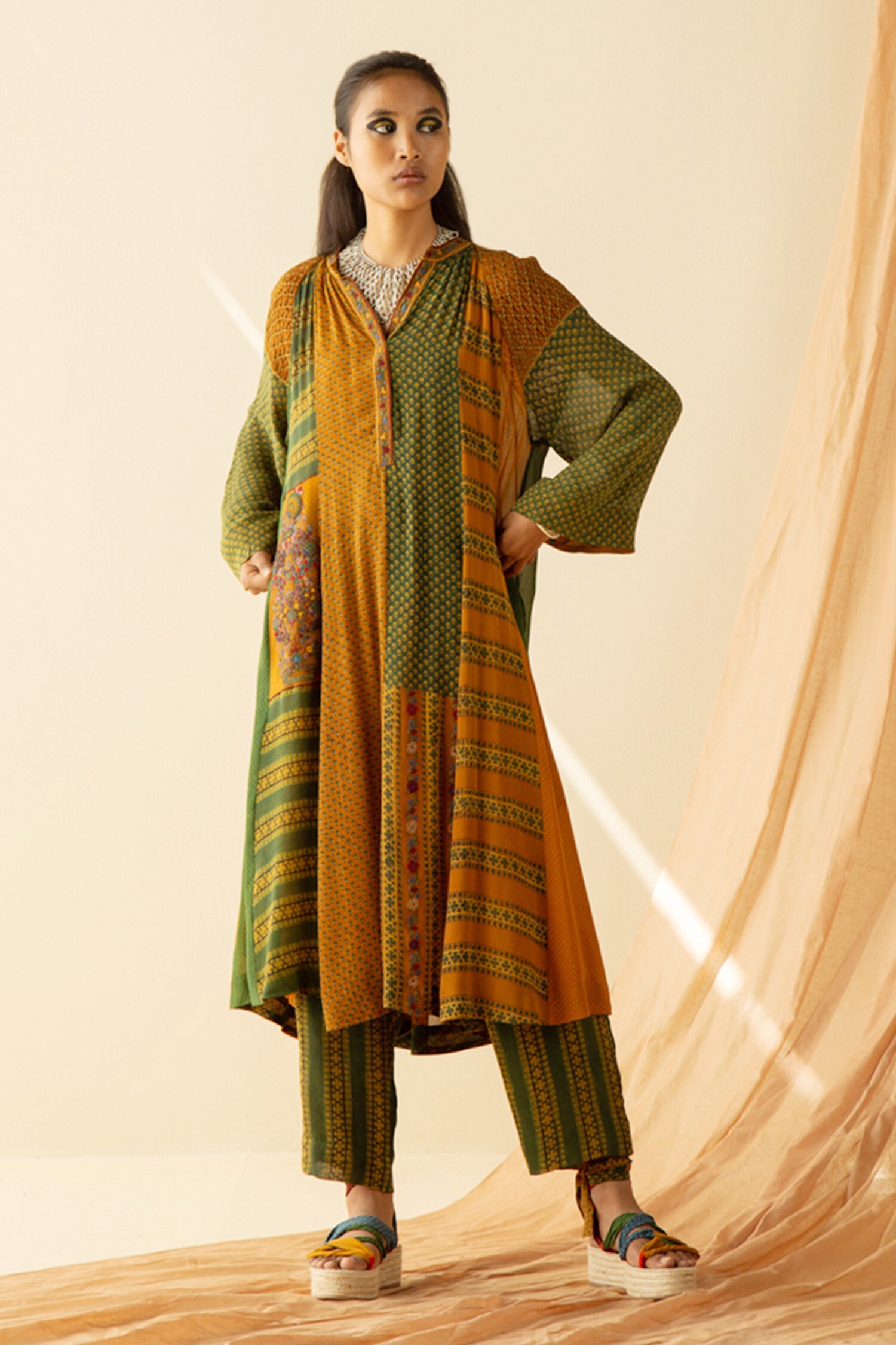 Buy Sunira Designs Yellow Silk Georgette Ajrakh Print Tunic Online ...