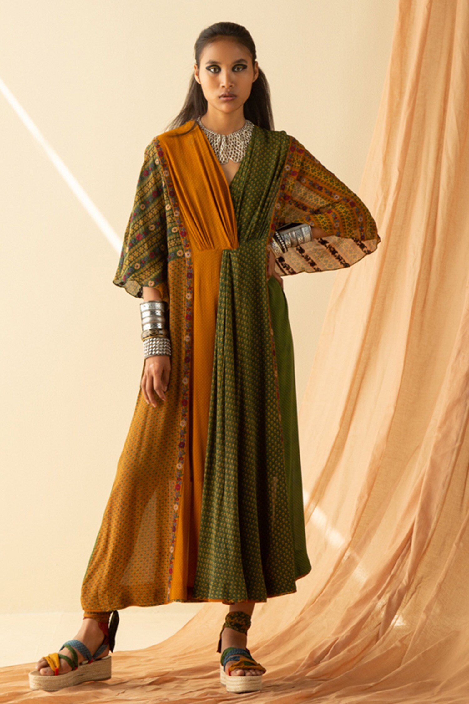 Buy Sunira Designs Yellow Silk Georgette Ajrakh Print Kaftan Online ...
