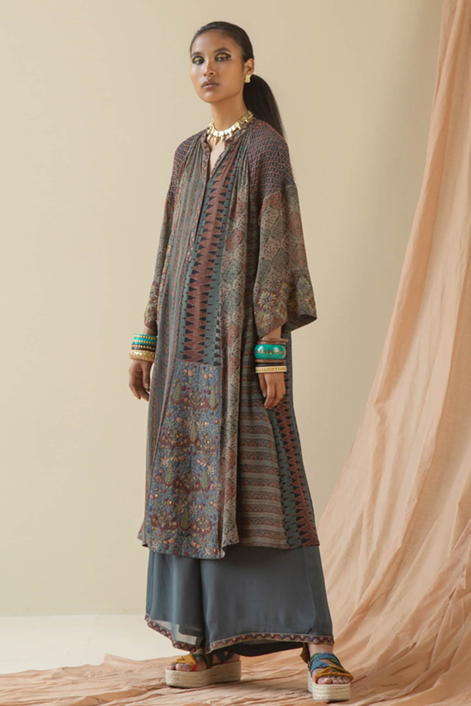 Buy Sunira Designs Grey Silk Georgette Printed A-line Tunic Online ...