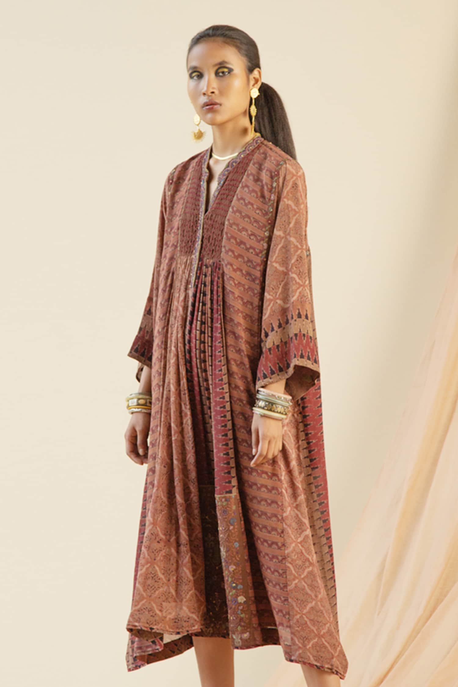 Buy Sunira Designs Maroon Silk Georgette Ajrakh Print Panelled Dress ...
