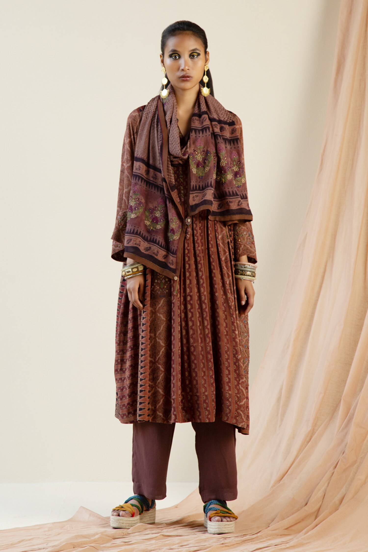 Buy Sunira Designs Maroon Silk Georgette Ajrakh Print Panelled Tunic ...