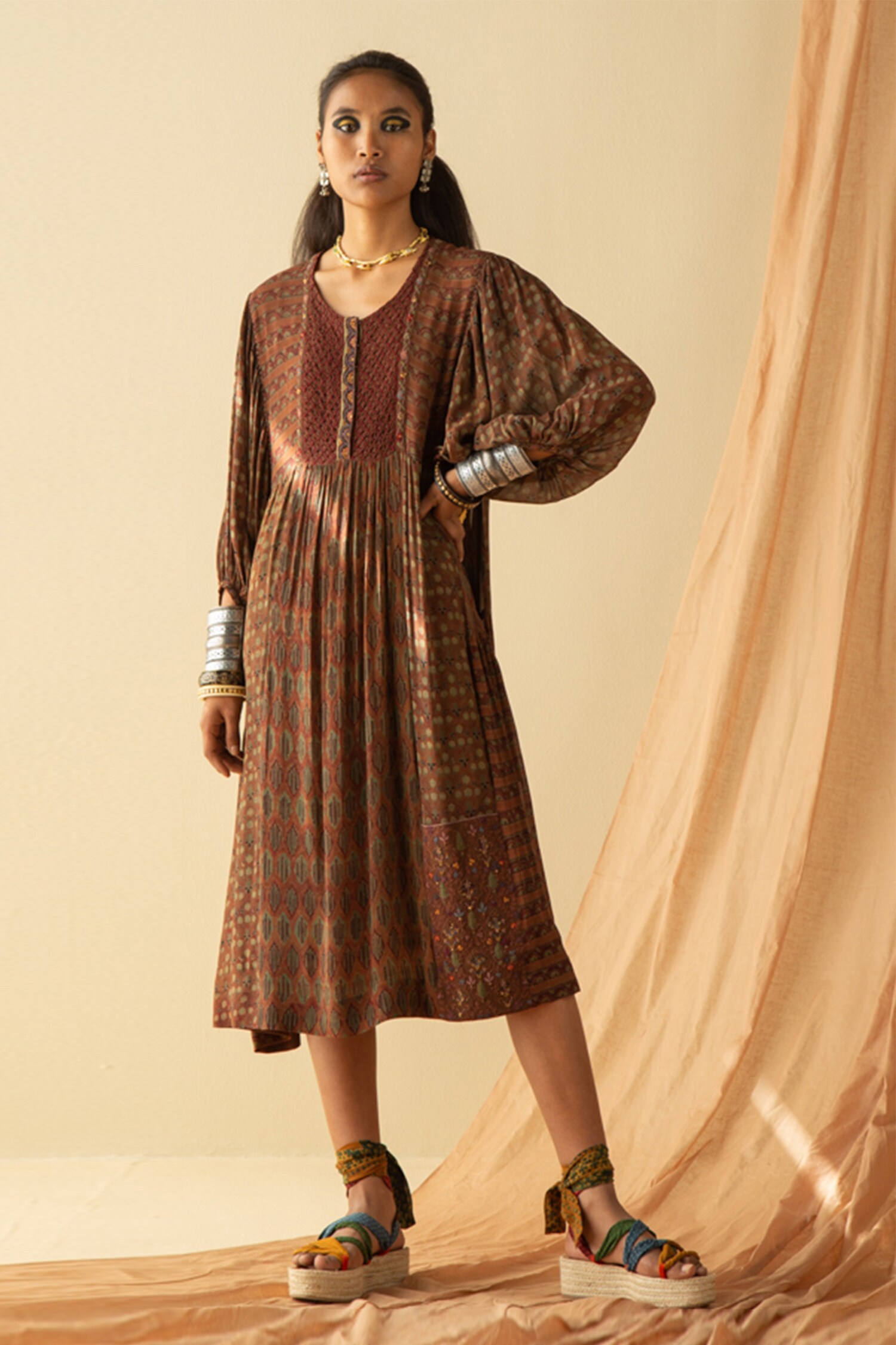 Buy Sunira Designs Brown Silk Georgette Printed A-line Dress Online ...