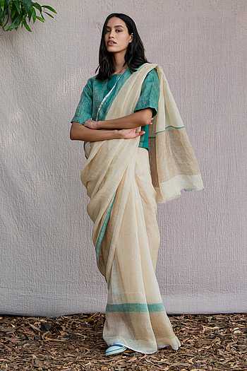 Buy Anavila Beige Handwoven Linen Saree Online | Aza Fashions