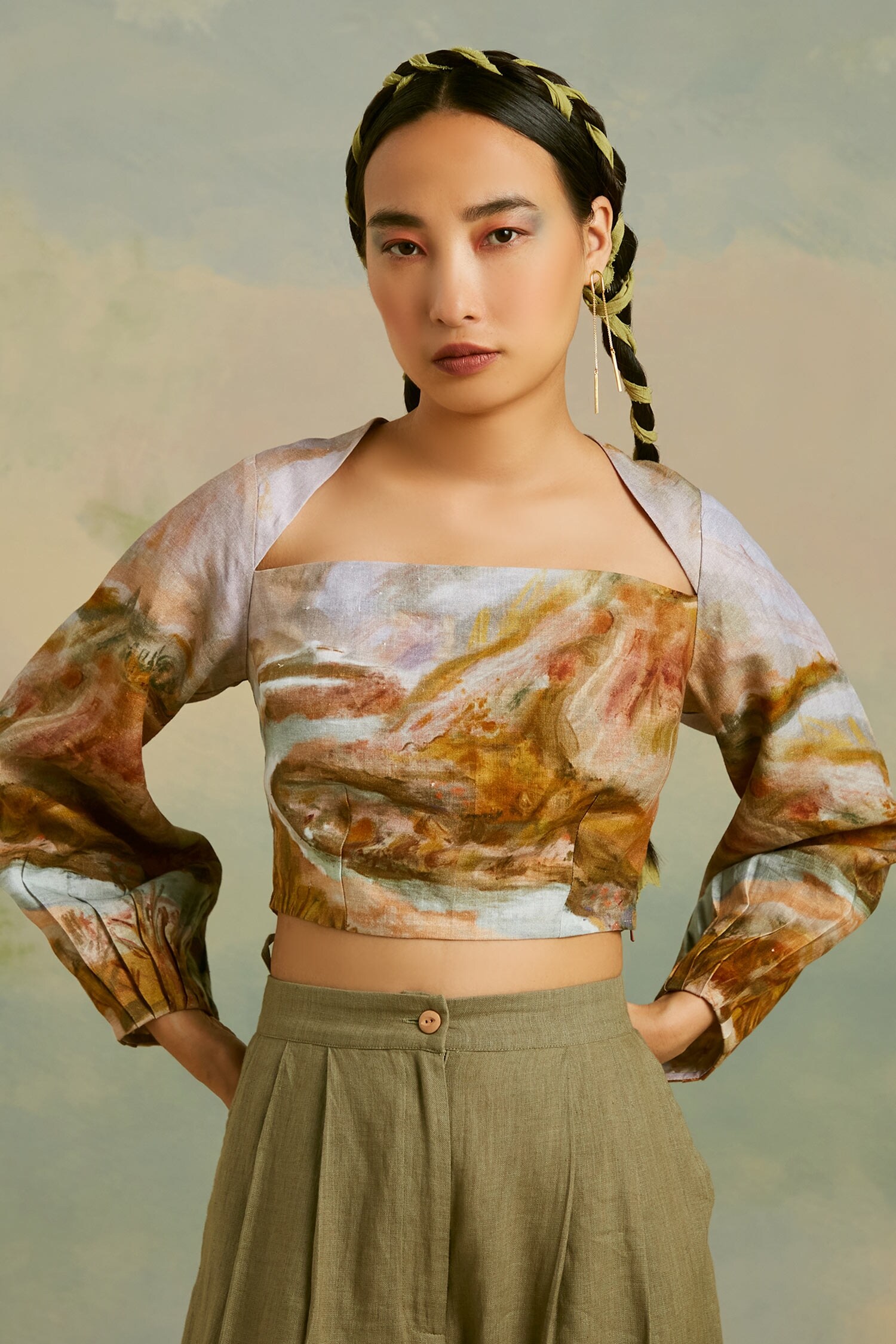 Buy Cord Blue Linen Roman Printed Crop Top Online | Aza Fashions