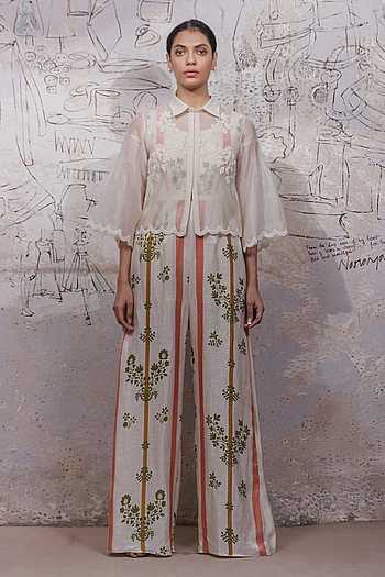 Buy White Organza Embroidery Jacket: Spread Collar Printed Jumpsuit ...