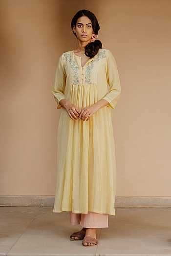 Buy Yellow 100% Chanderi And 100% Organic Neck Pleated Tunic For Women ...