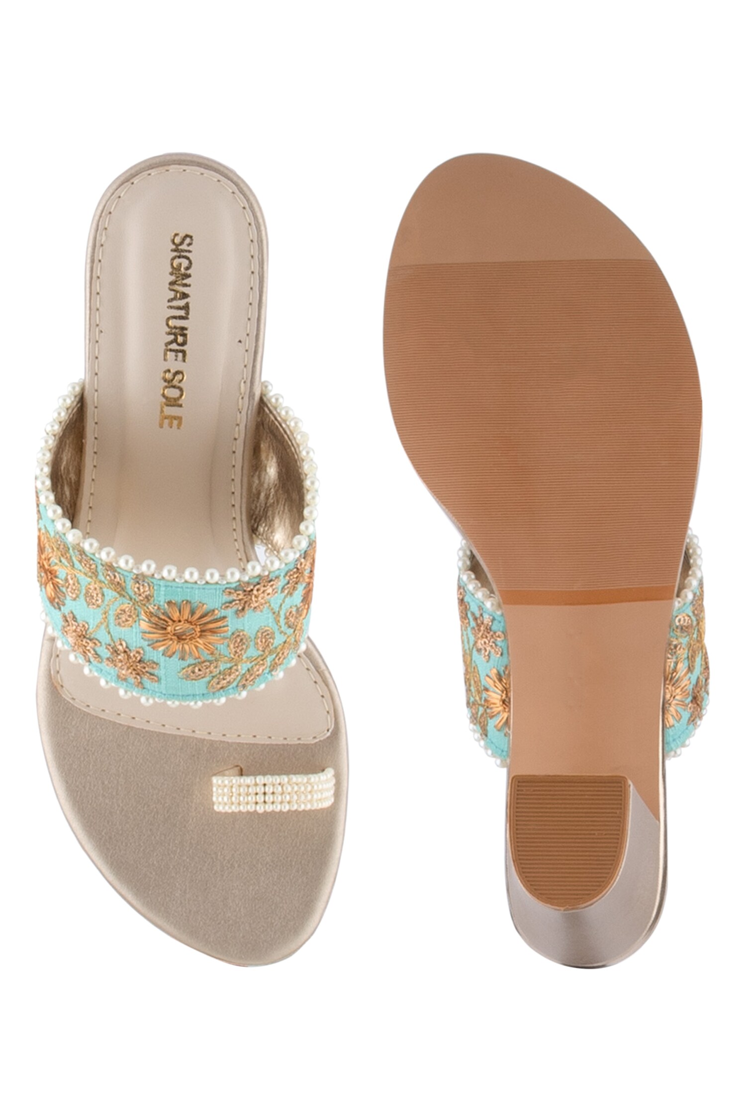 Buy Signature Sole Blue Synthetic Embroidered Toe-ring Block Heels ...