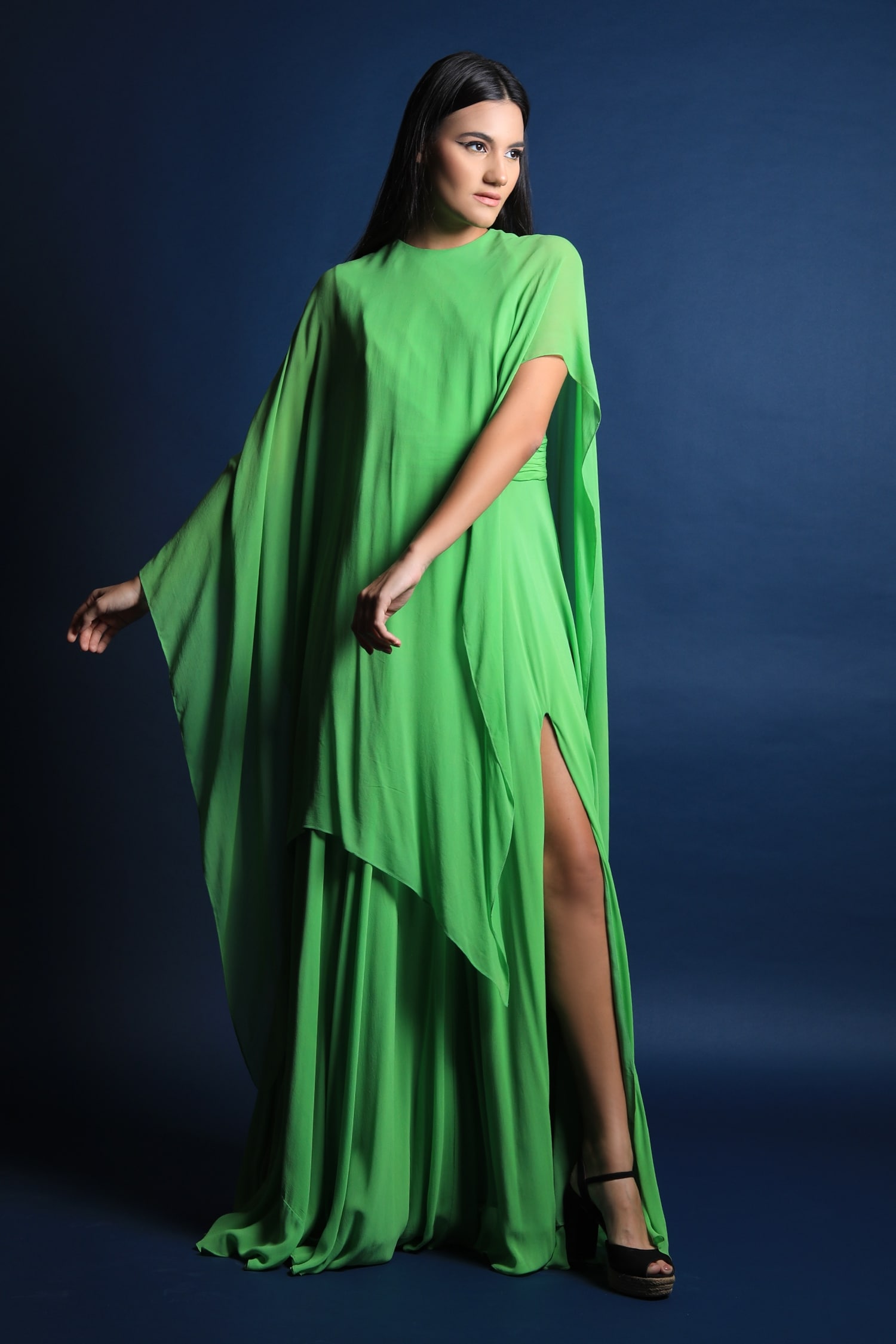Buy Green Georgette Round Cape Style Gown For Women by Swatee Singh ...