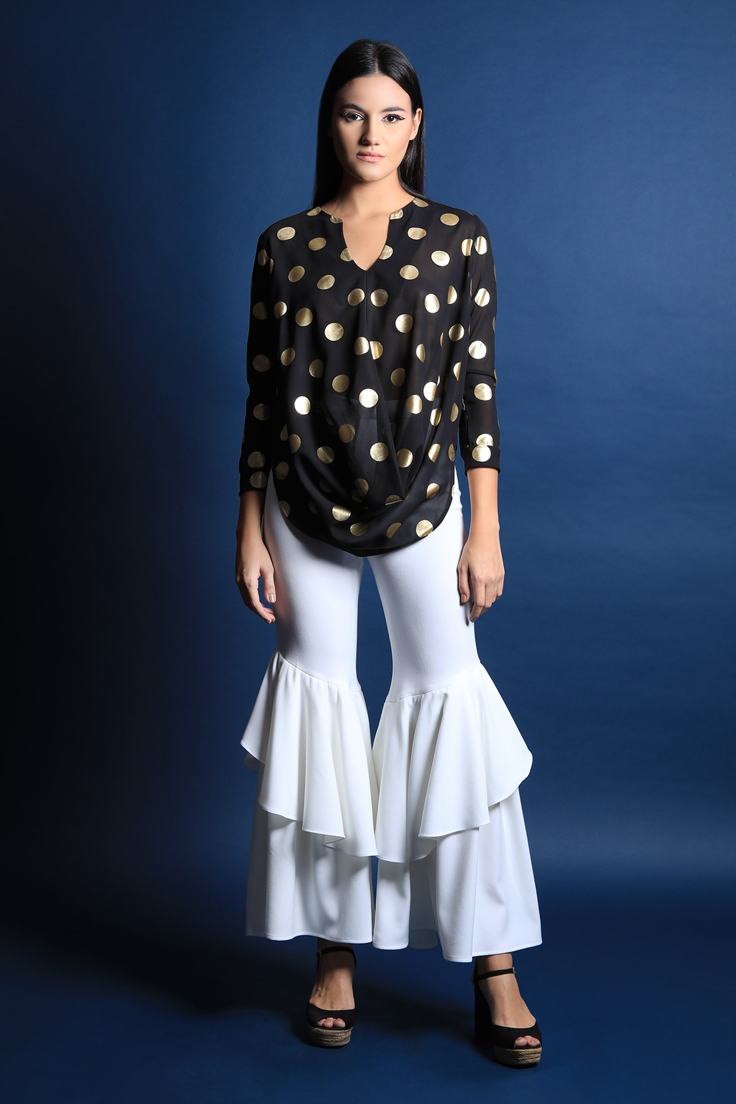 Buy Black Heavy Georgette Polka Dot Notched Top For Women by Swatee ...