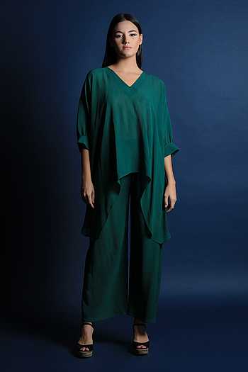 Buy Green Crepe V Neck Asymmetric Top And Pant Set For Women by Swatee ...