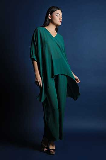 Buy Swatee Singh Green Crepe Asymmetric Top And Pant Set Online | Aza ...