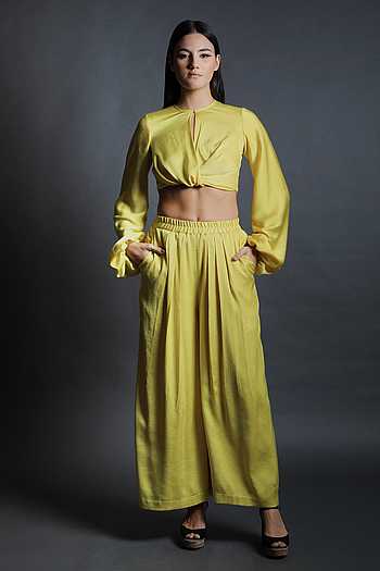 Buy Yellow Satin Hammer Round Crop Top And Flared Pant Set For Women by ...
