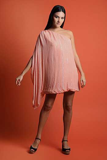 Buy Peach Georgette Woven One Shoulder Dress For Women by Swatee Singh ...