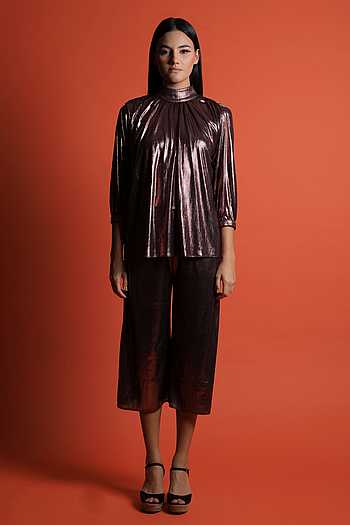 Buy Brown Tex Foil High Neck Metallic Top And Culotte Set For Women by ...