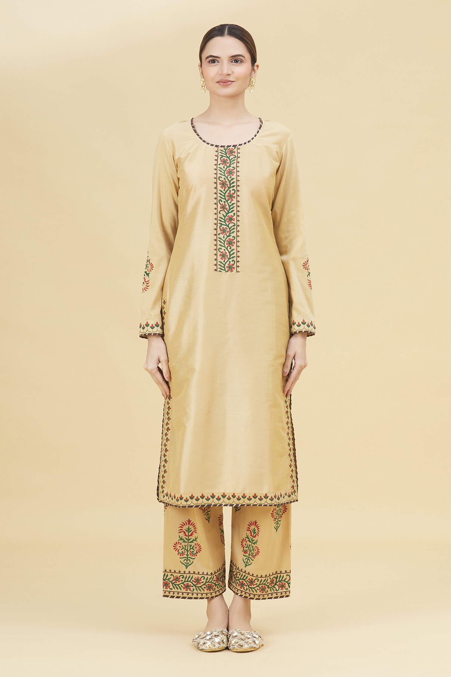 Buy Samyukta Singhania Beige Cotton Silk Hand Block Print Kurta Set ...