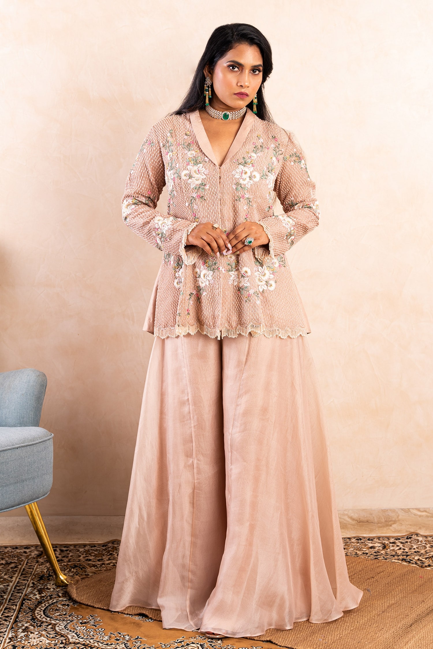 Buy Peach Crepe Embroidery Thread Lapel Collar Jacket And Sharara Set ...
