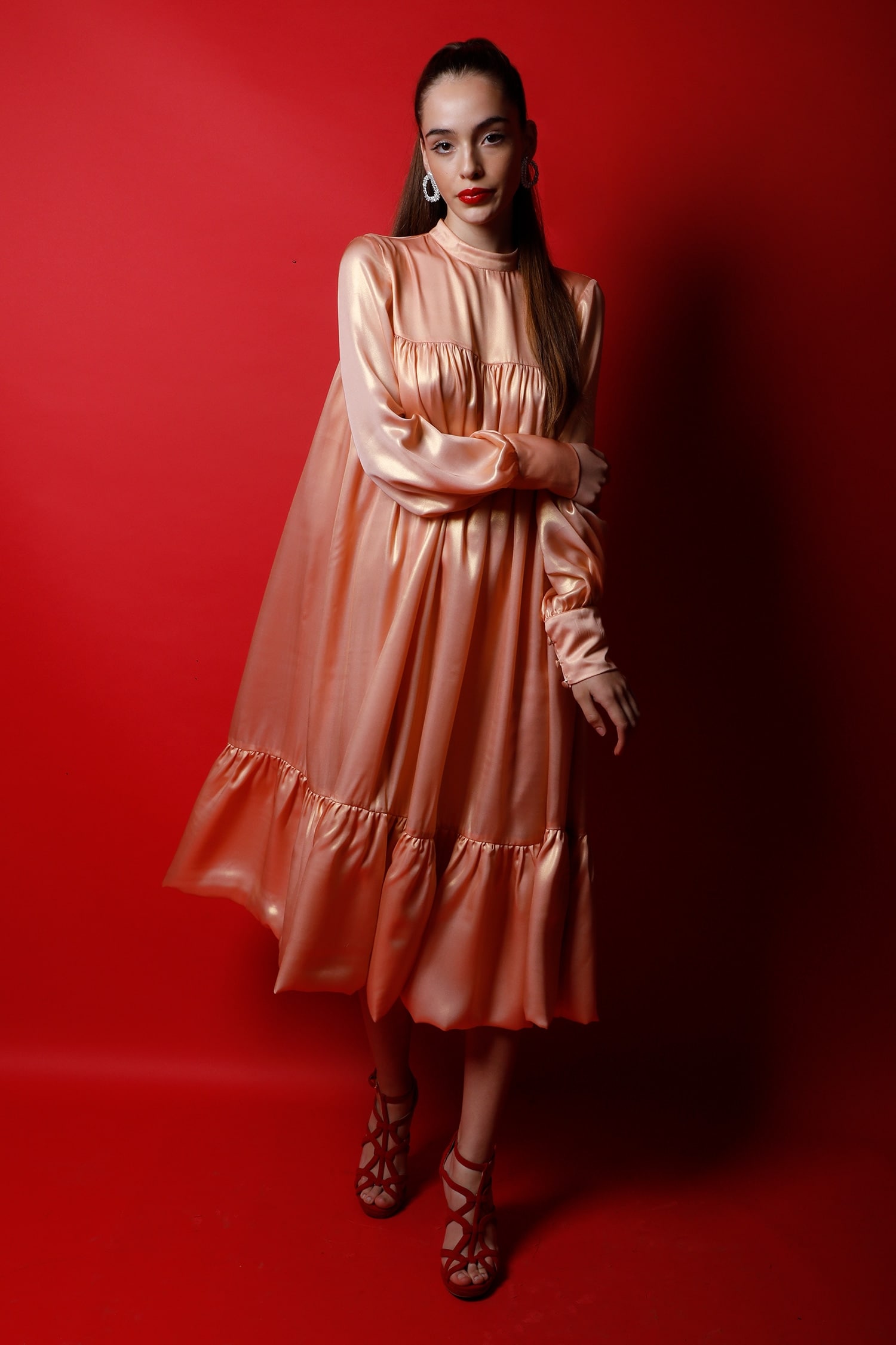 Buy Peach Shimmer Foil Plain Solid Band Collar Tiered Tent Dress For ...