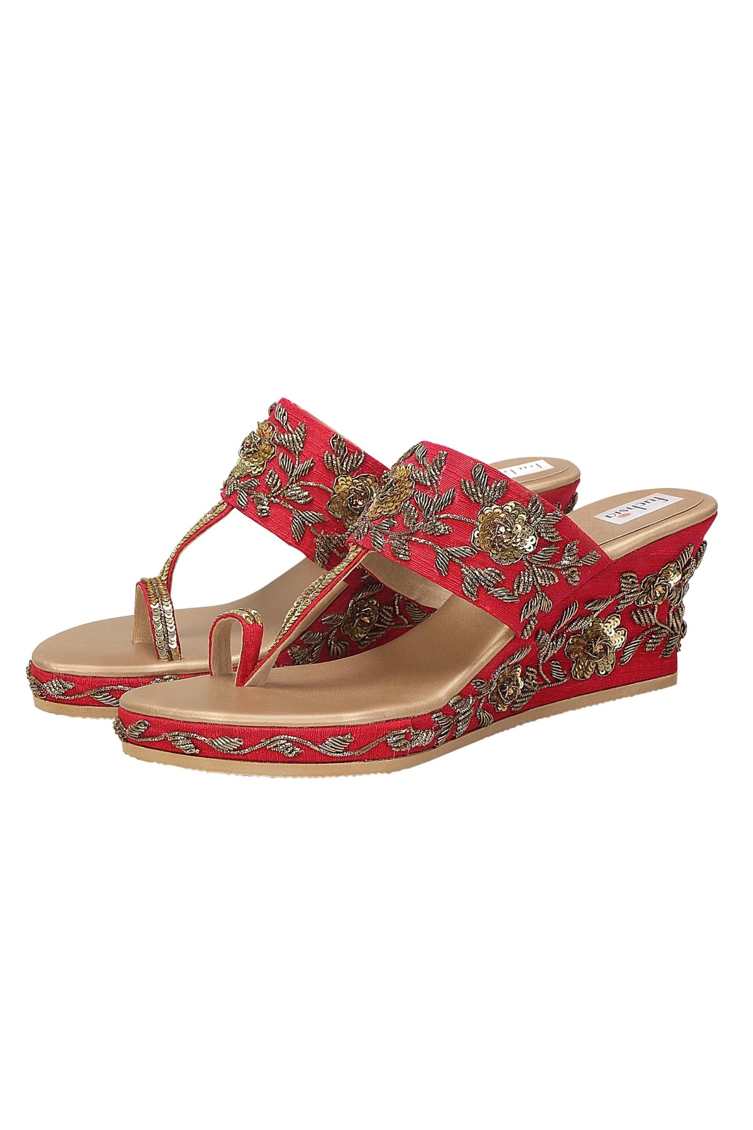 Buy Pink Embroidery Floral Kolhapuri Wedges by Fuchsia Online at Aza ...