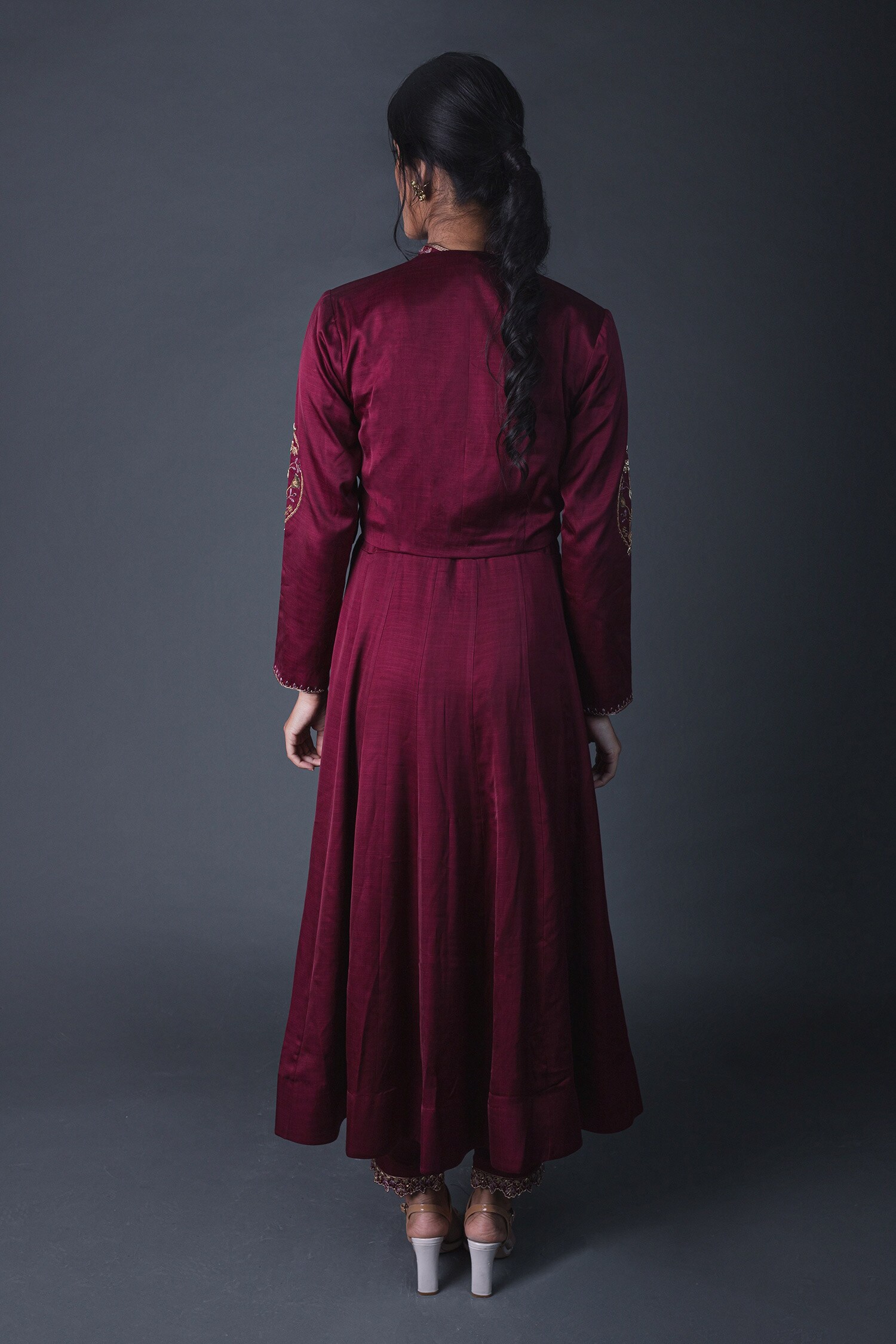 Buy Sitaraa Maroon Silk Satin Embroidered Jacket And Anarkali Set ...