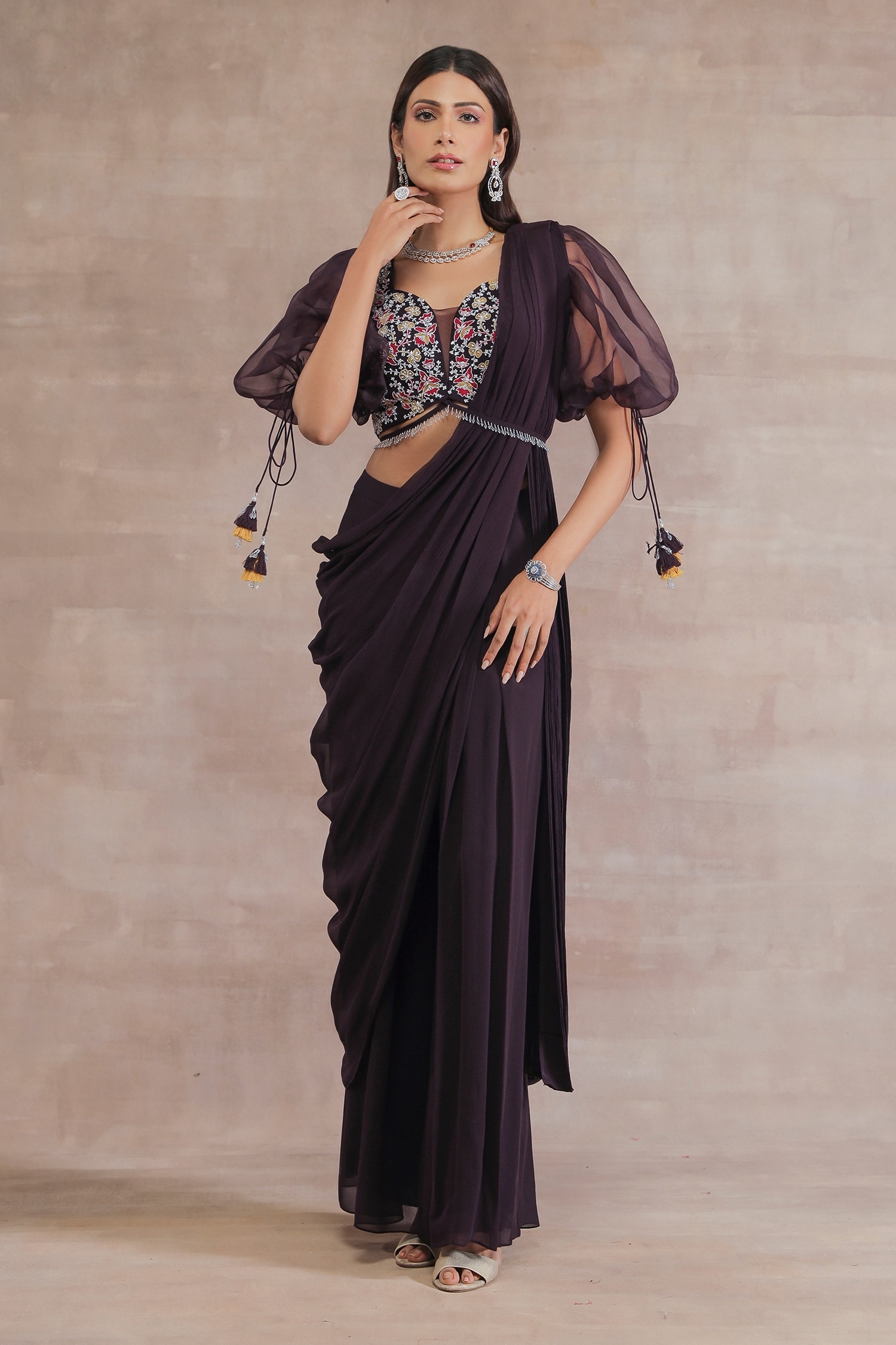 Buy Purple Pallu: Georgette Embroidered Floral Pre-draped Pant Saree ...