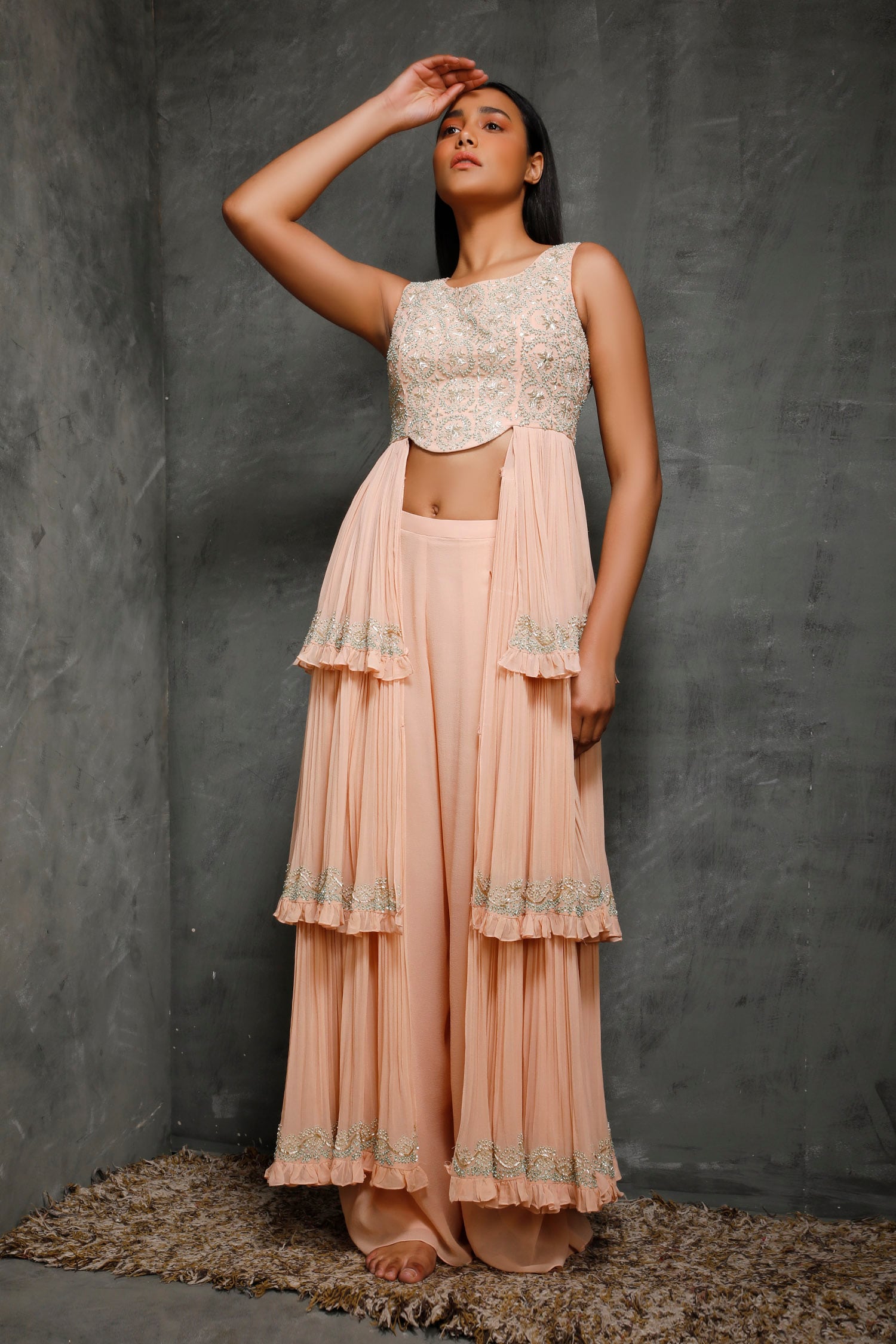 Buy Peach Pure Georgette Round Embroidered Layered Kurta And Pant Set ...