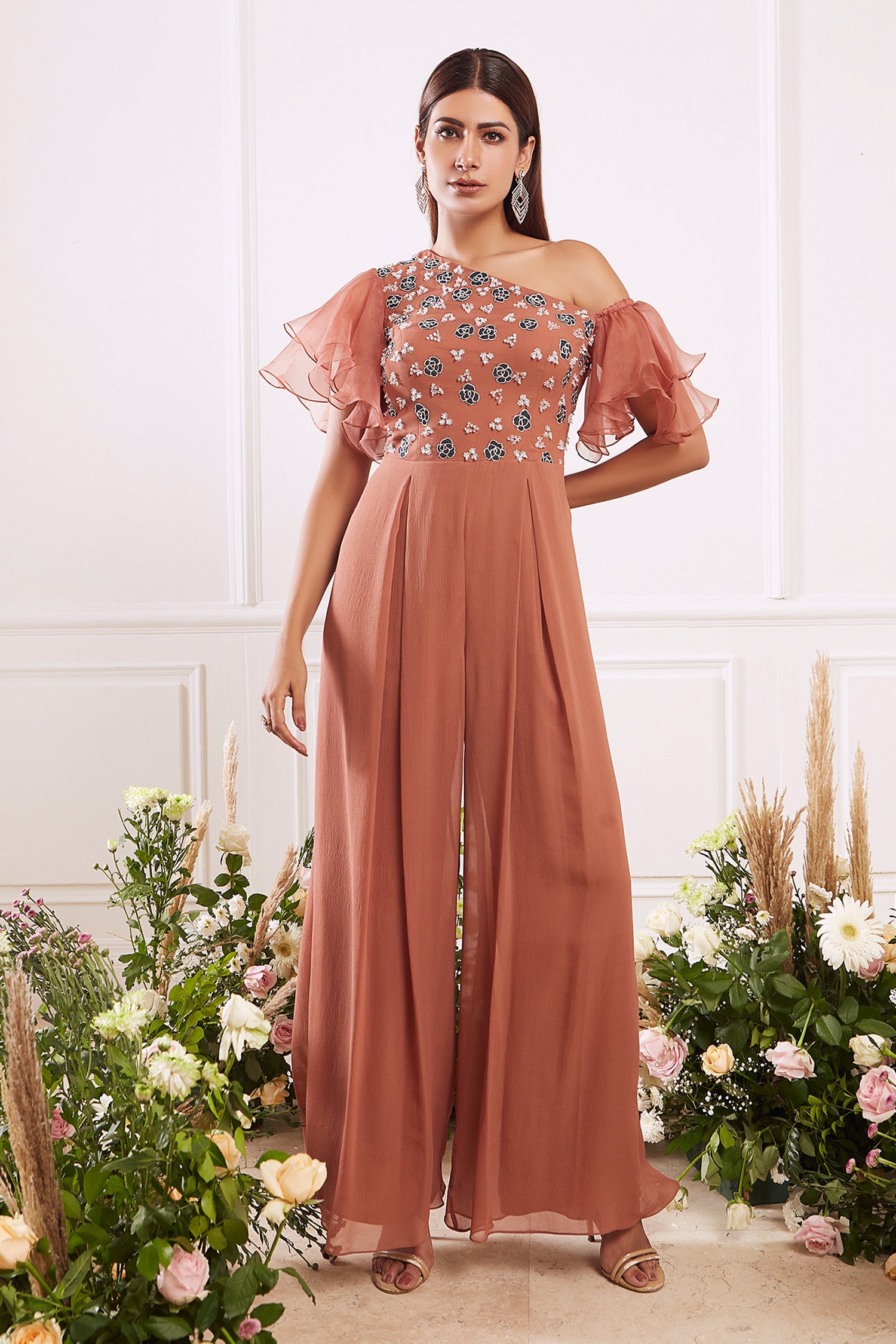 Buy Brown Georgette Embroidery Asymmetric One Shoulder Ruffle Jumpsuit ...