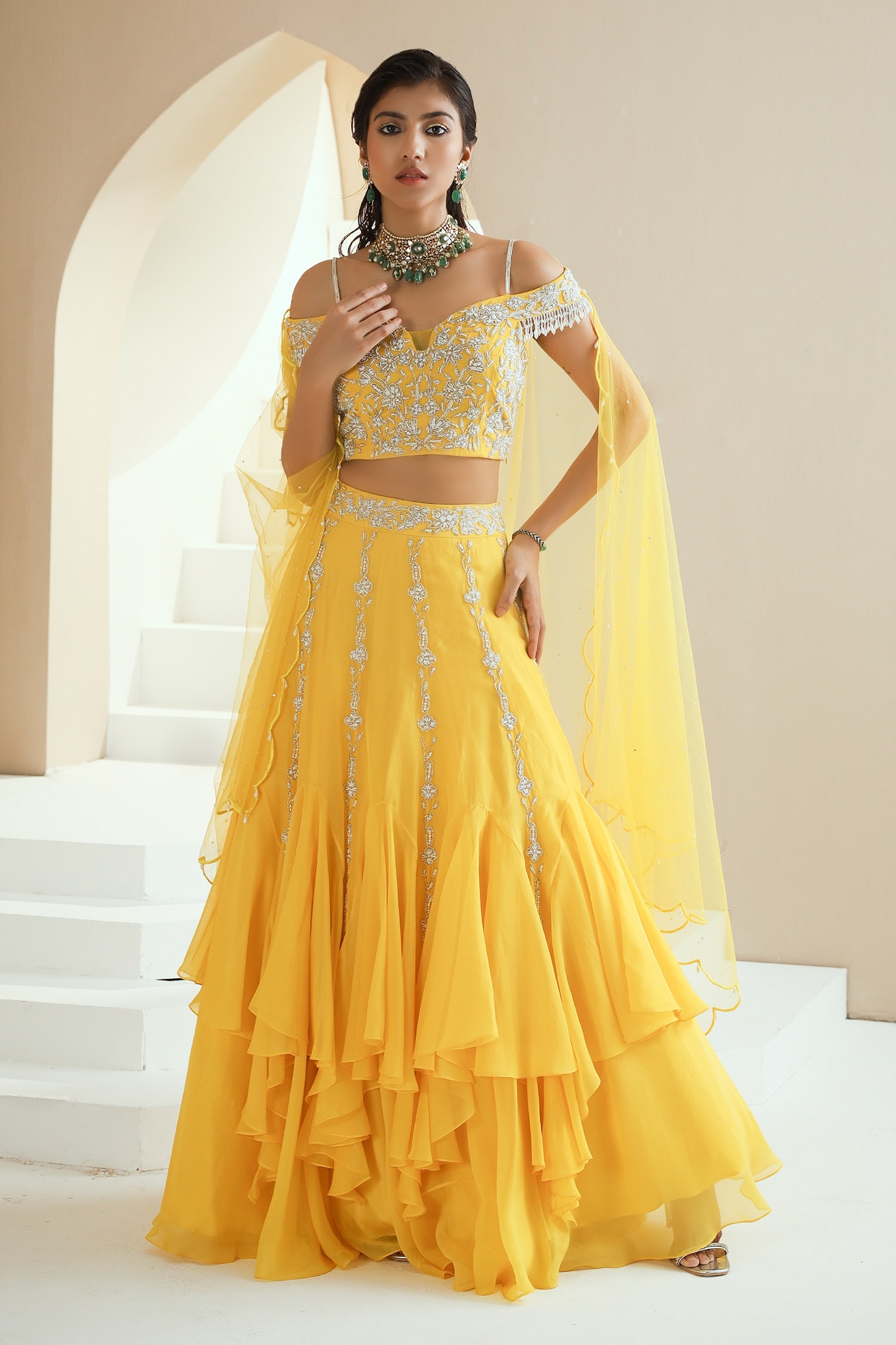 Buy Yellow Choli Georgette Embellished Floral Motifs Asymmetric Layered ...