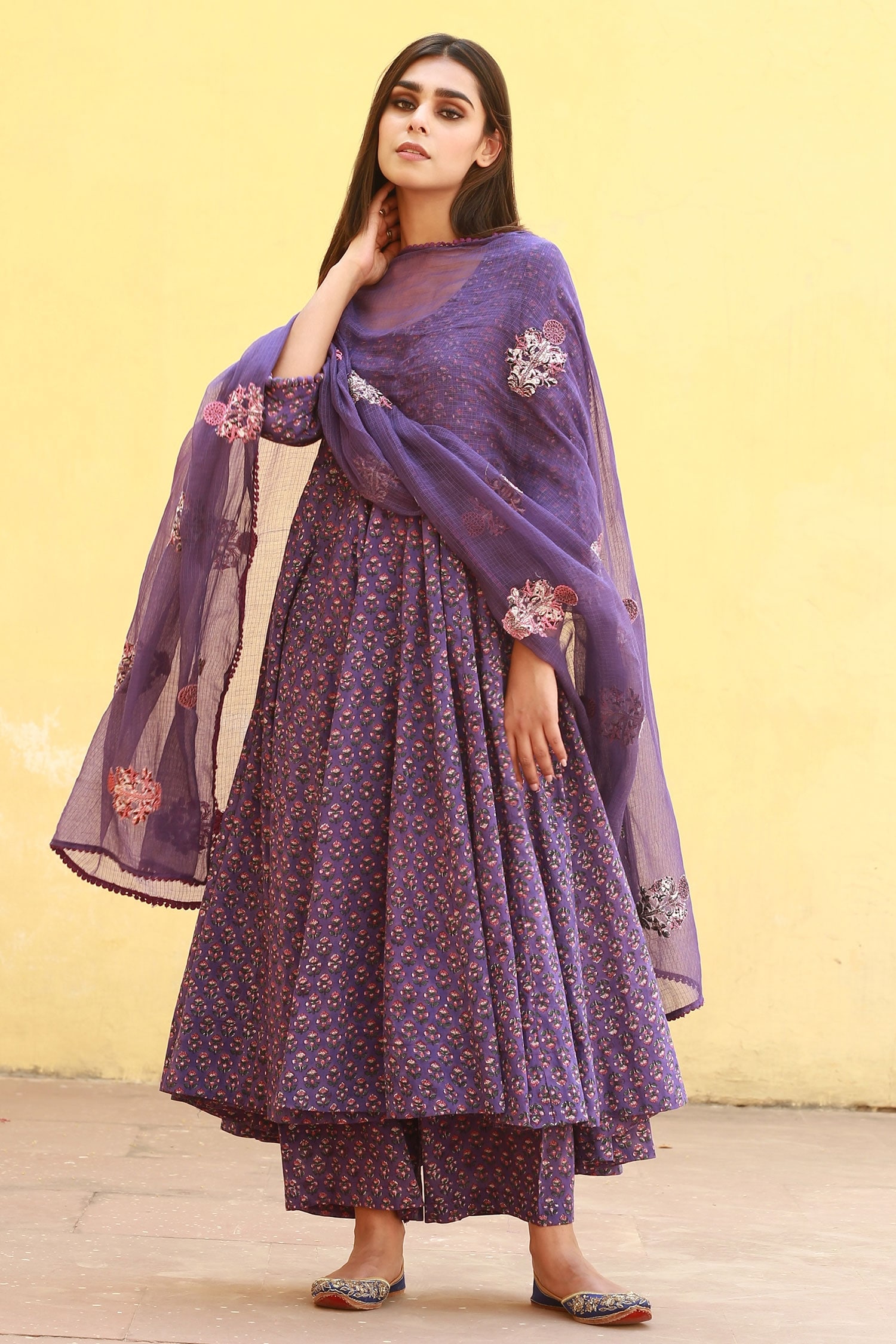 Buy Purple Cotton Printed Floral Scoop Neck Anarkali Set For Women by ...
