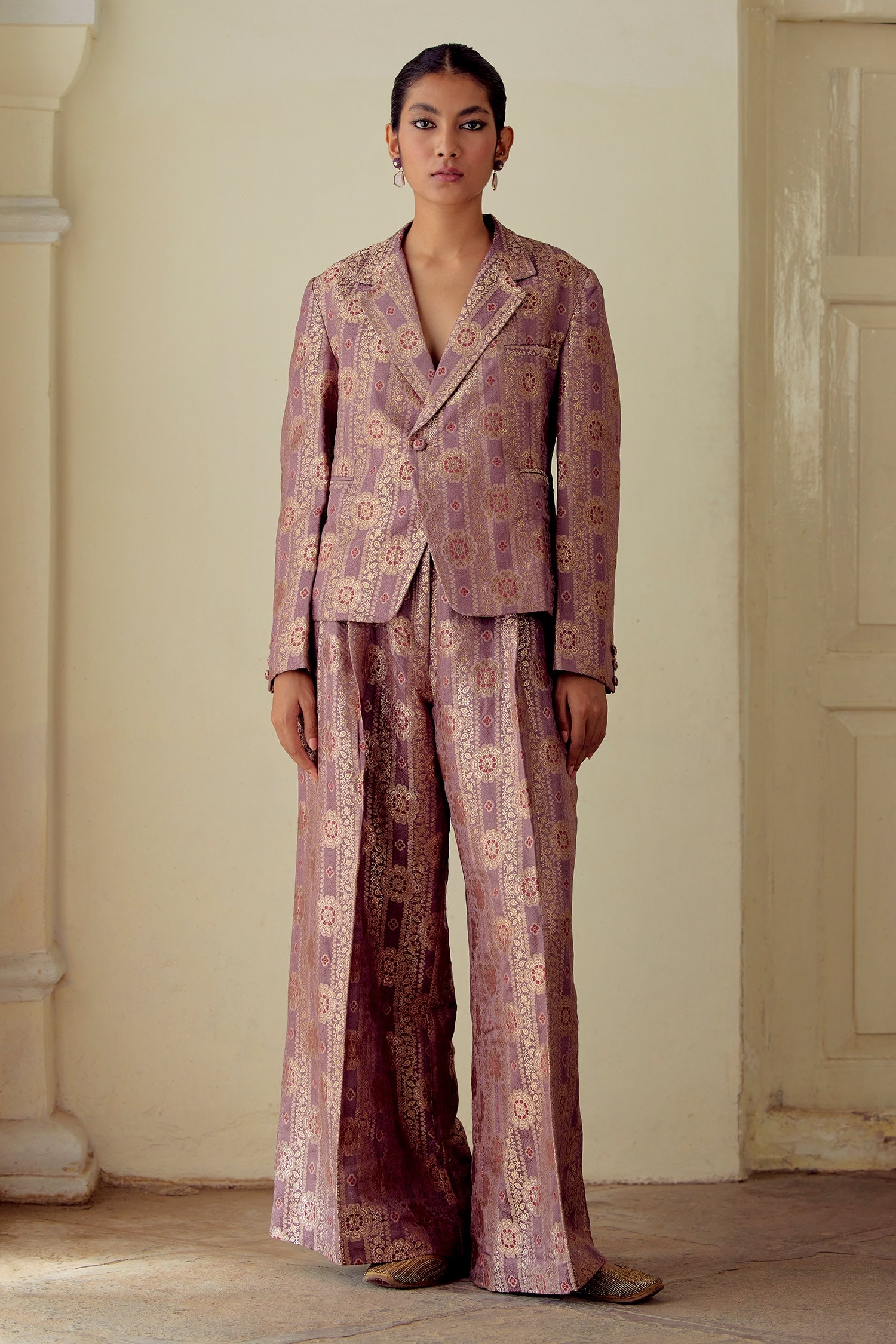 Buy Purple Satin Silk Brocade Woven Floral Susha Coat And Pant Set For ...