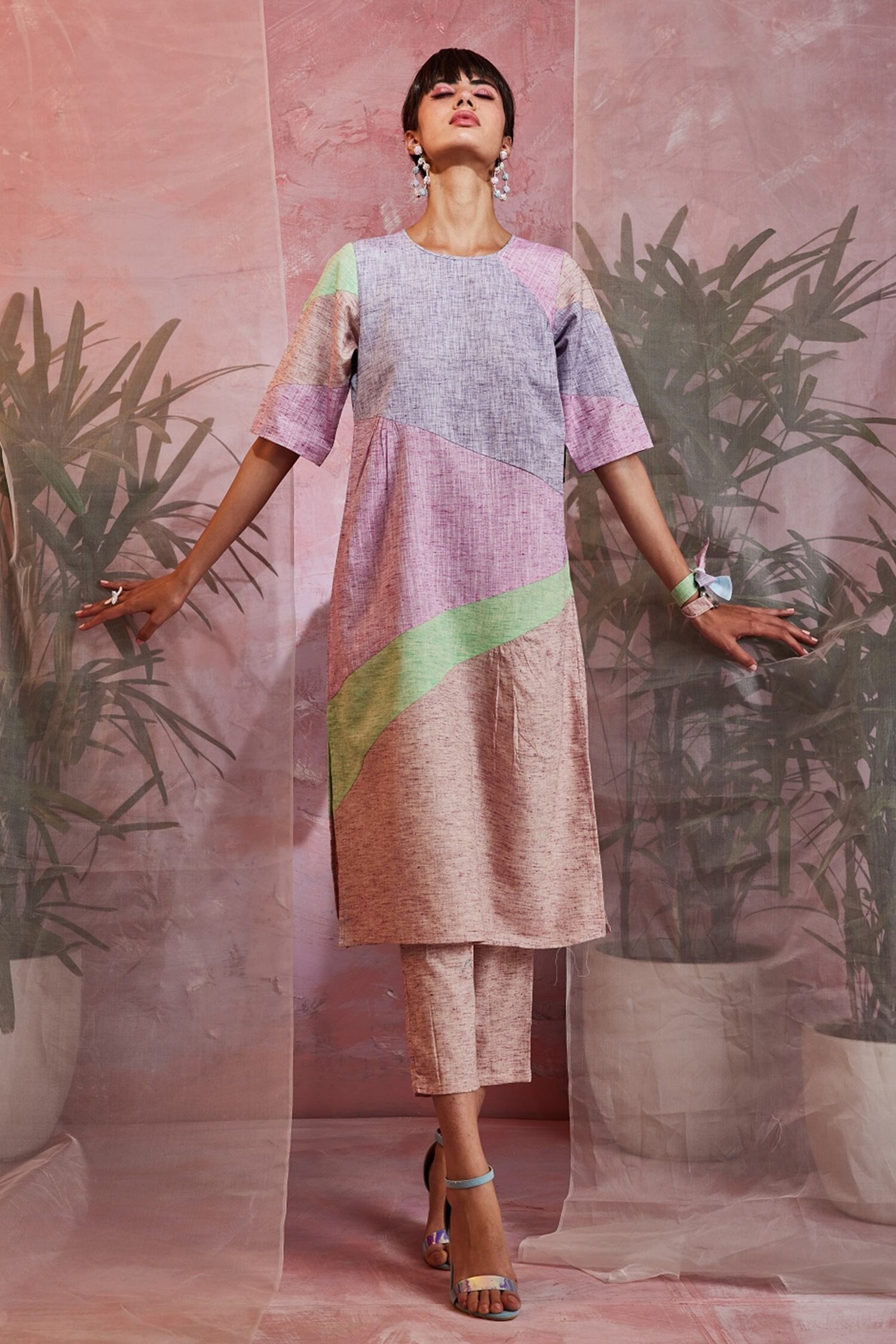 Buy Multi Color Cotton Textured Block Colorblock Kurta And Pant Set For ...