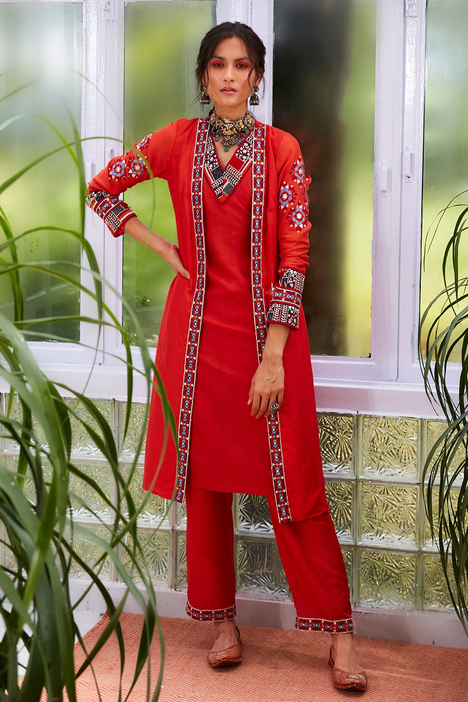 Buy SVA by Sonam & Paras Modi Orange Silk Embroidered Jacket And Pant ...