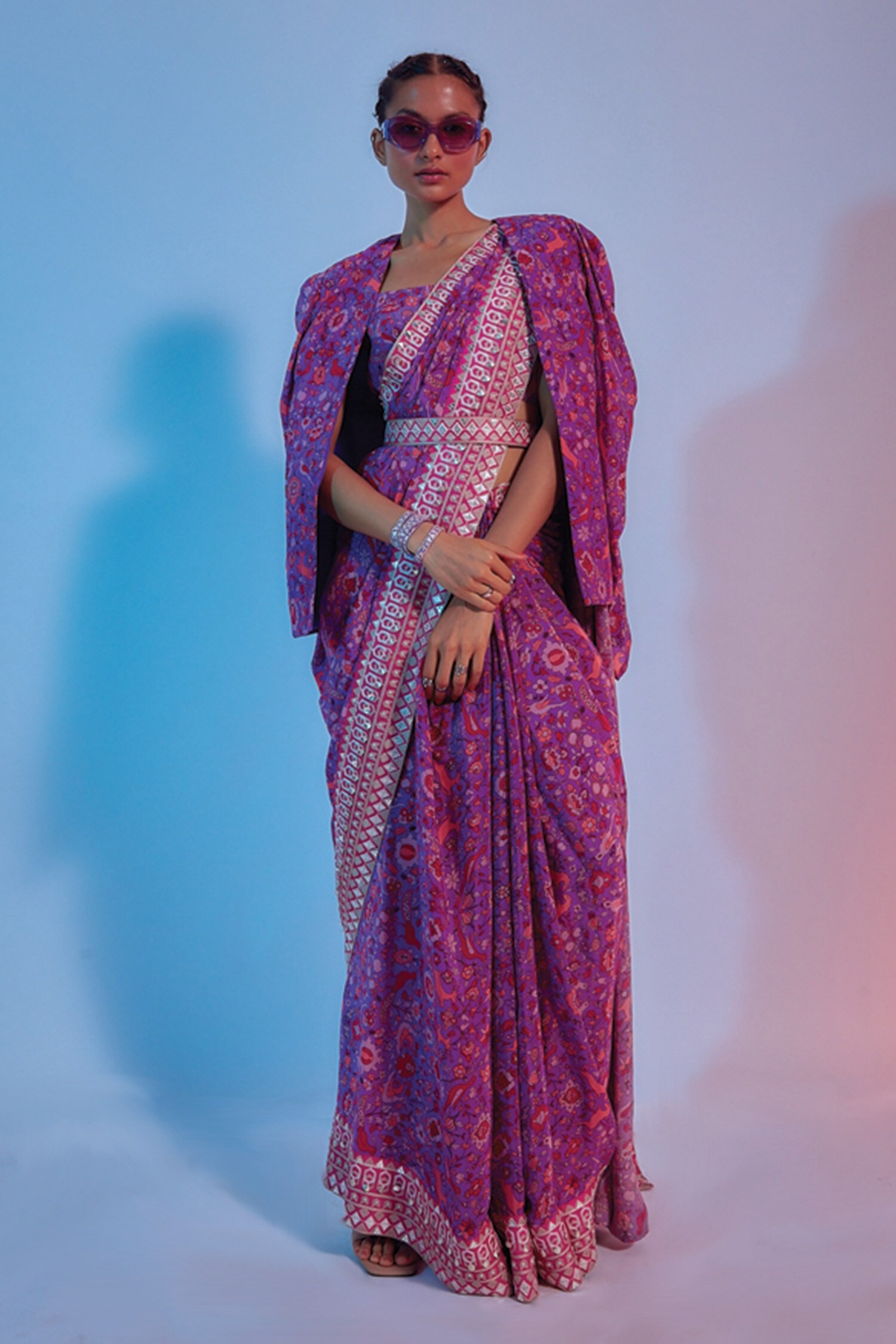 Buy SVA by Sonam & Paras Modi Purple Crepe Silk Printed Jacket Saree ...