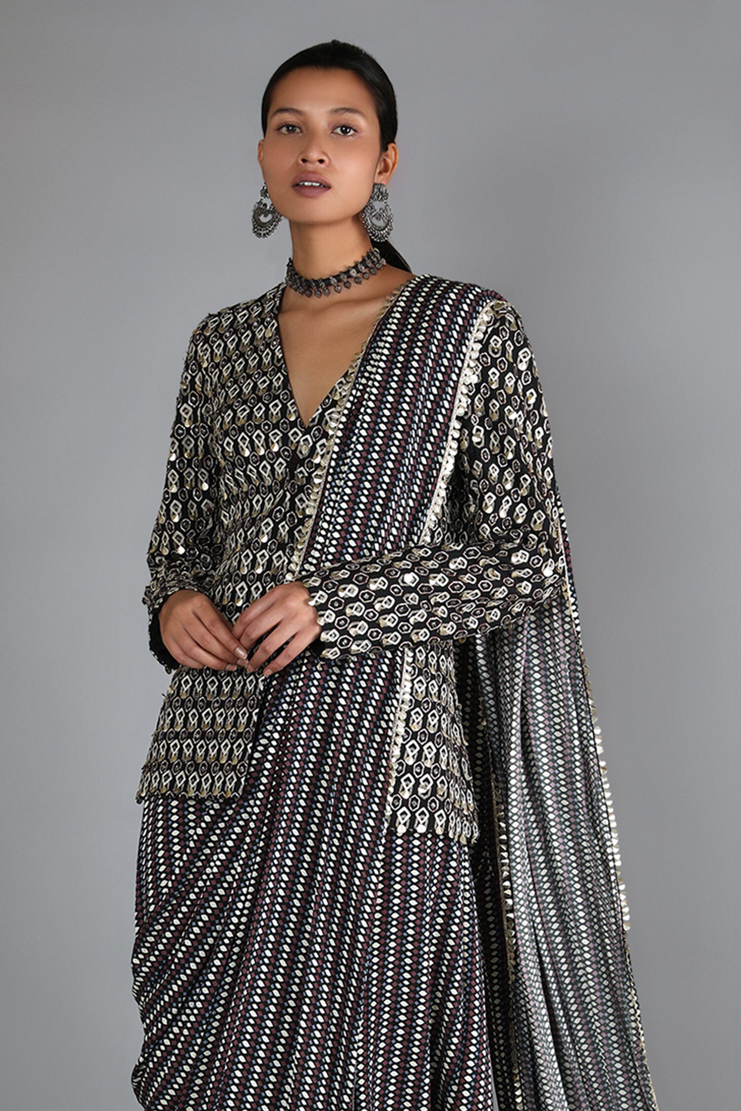 Buy SVA by Sonam & Paras Modi Black Georgette Printed Pre-draped Saree ...