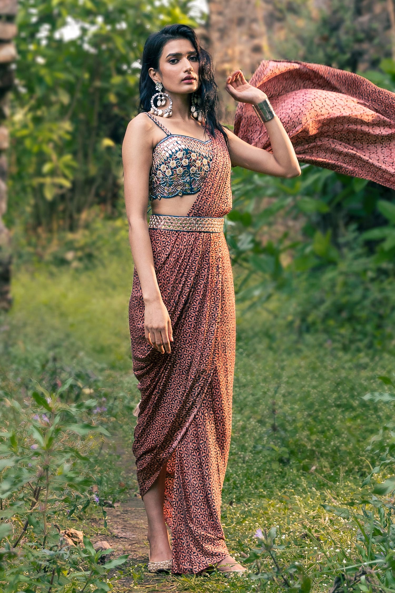 Buy Nitara Dhanraj Label Multi Color Silk Printed Draped Saree With ...