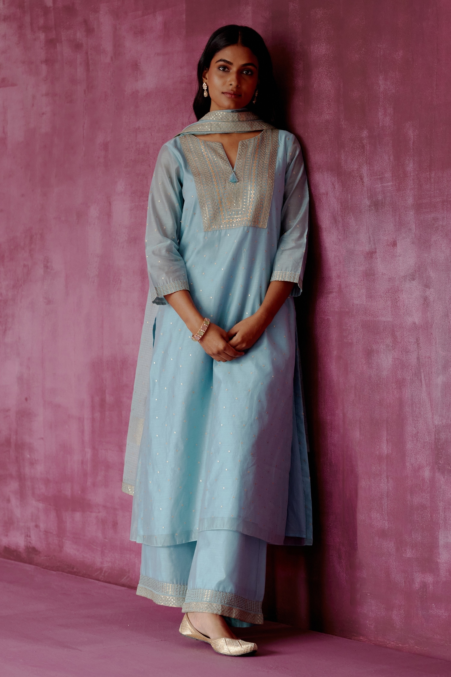 Buy Pouli Pret Blue Chanderi Embroidered Kurta Pant Set Online | Aza ...