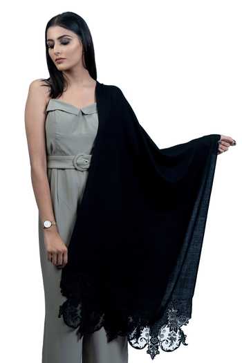 Buy Black Hand Embroidered Cashmere Lace Border Scarf by Taroob Online ...