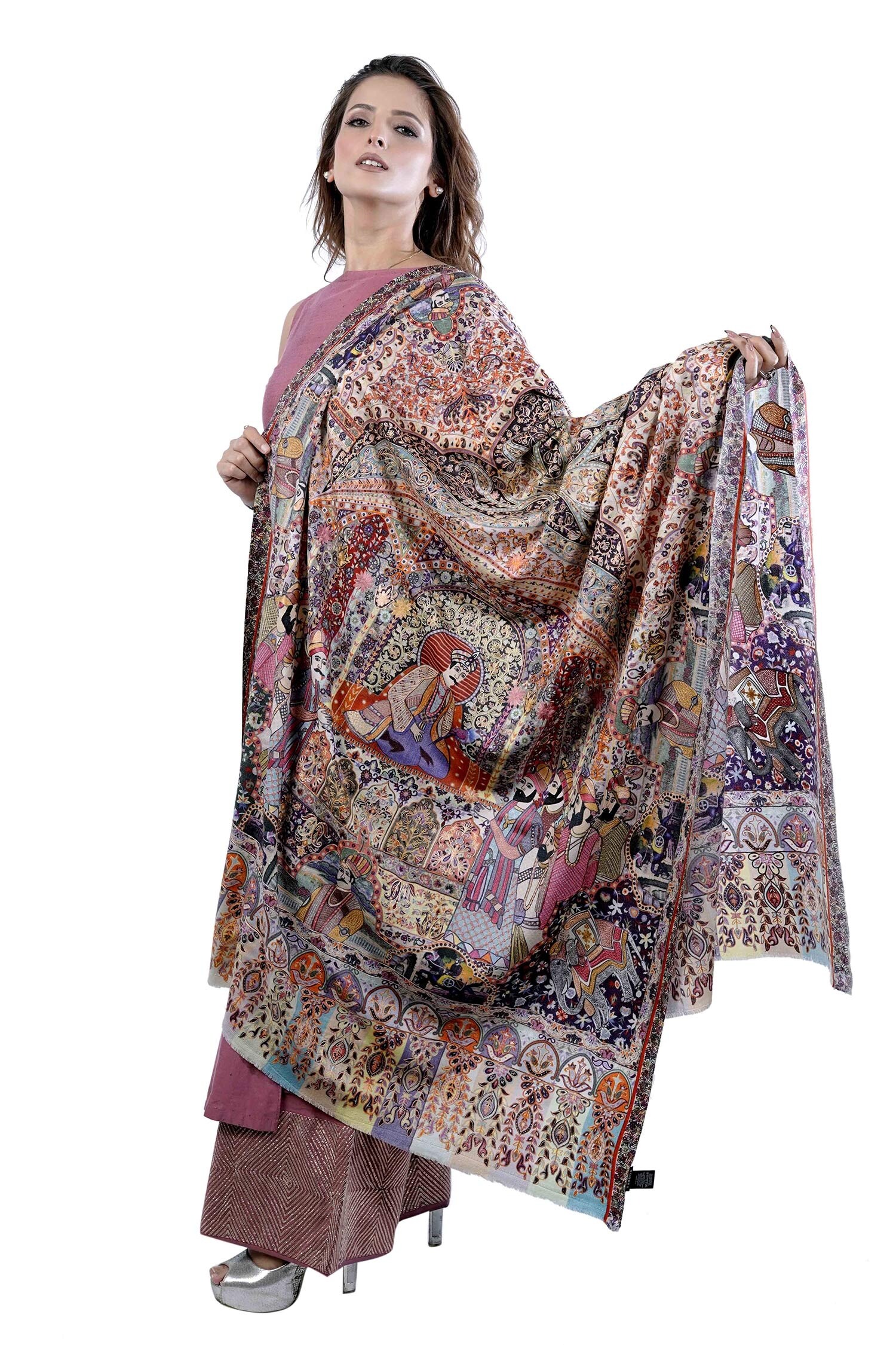 Buy Taroob Wool Pashmina Mughal Darbar Kalamkari Shawl Online | Aza ...