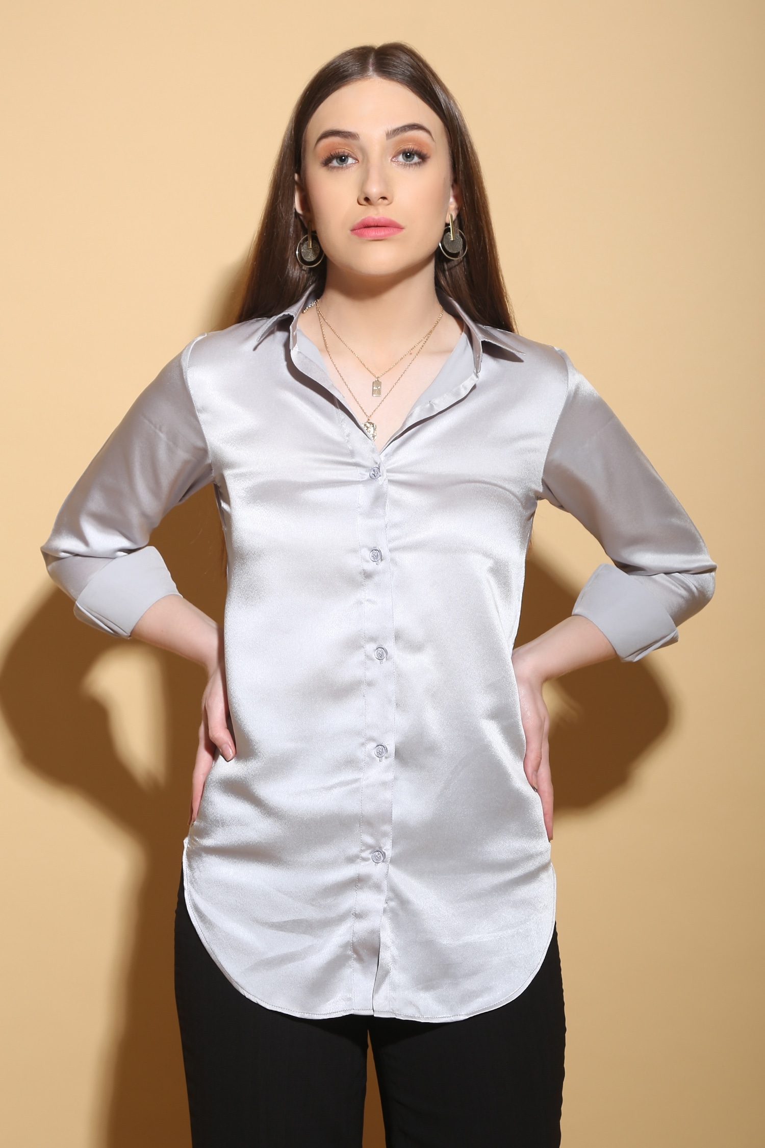 Buy Silver Satin Straight Collar Shirt For Women by TORQADORN Online at ...