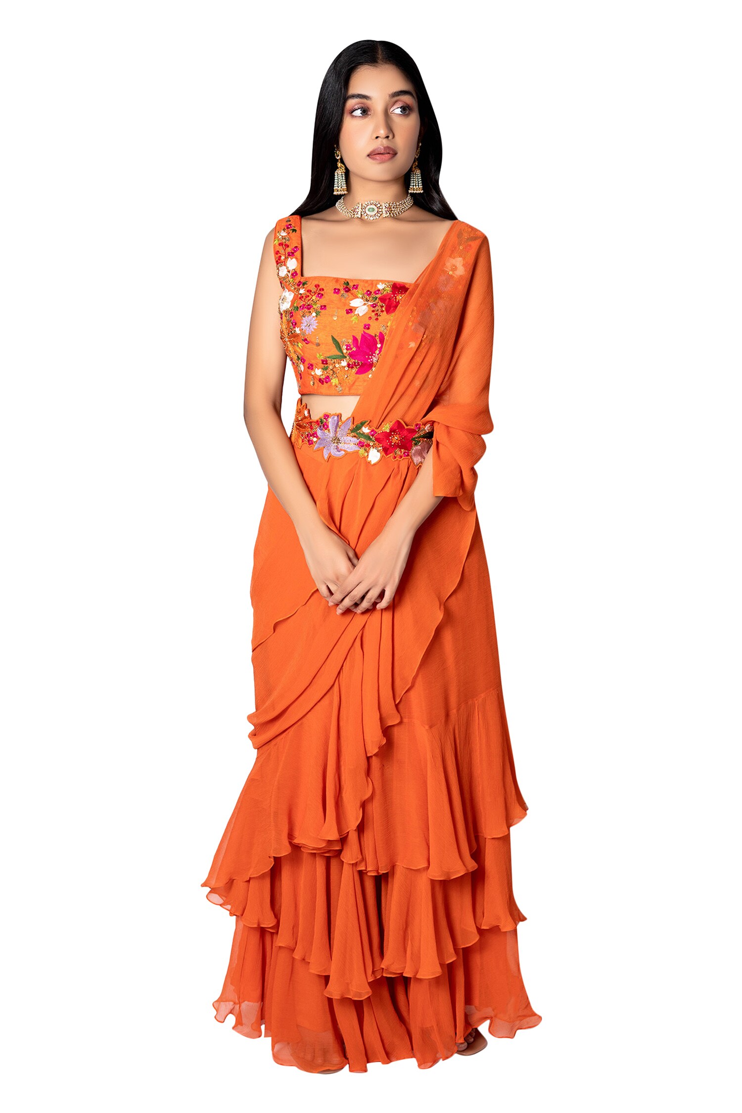 Buy Orange Raw Silk Square Neck Ruffle Pre-draped Saree With Blouse For ...