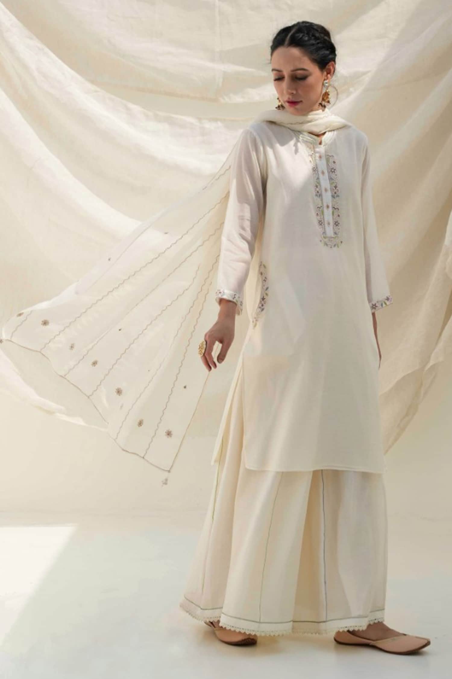Buy Off White Kurta And Sharara : Chanderi Silk Embroidered Placket Set ...